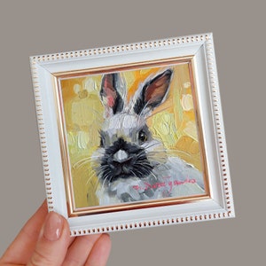 Cute Rabbit Painting Original Oil Framed 4x4, Small Framed Art Black ...