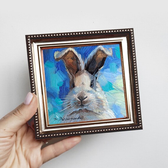 Bunny Painting Original Oil 4x4 Framed Painting, Small Bunny Painting Original Oil 4x4 Framed Painting, Small