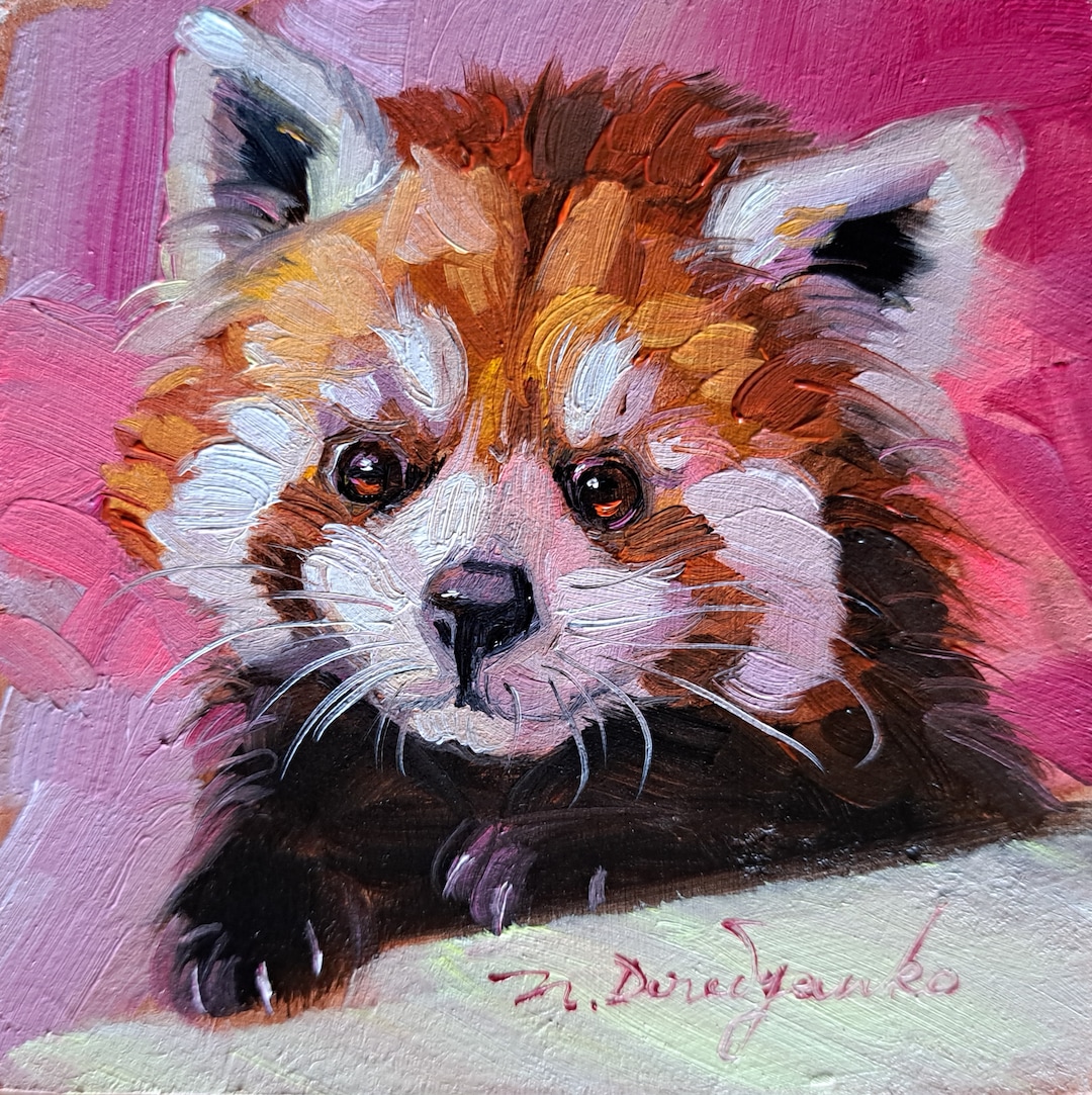 Red Panda Painting Oil Original 4x4 Inch Frame, Small Oil Painting ...
