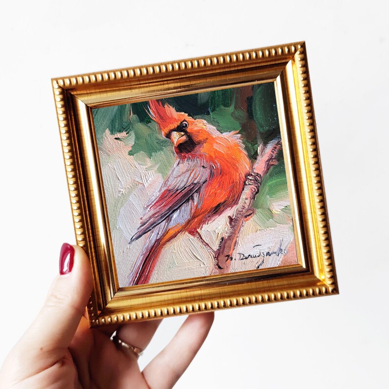 Red Bird Small Painting Frame 4x4 Cardinal Oil Painting Original, Bird ...