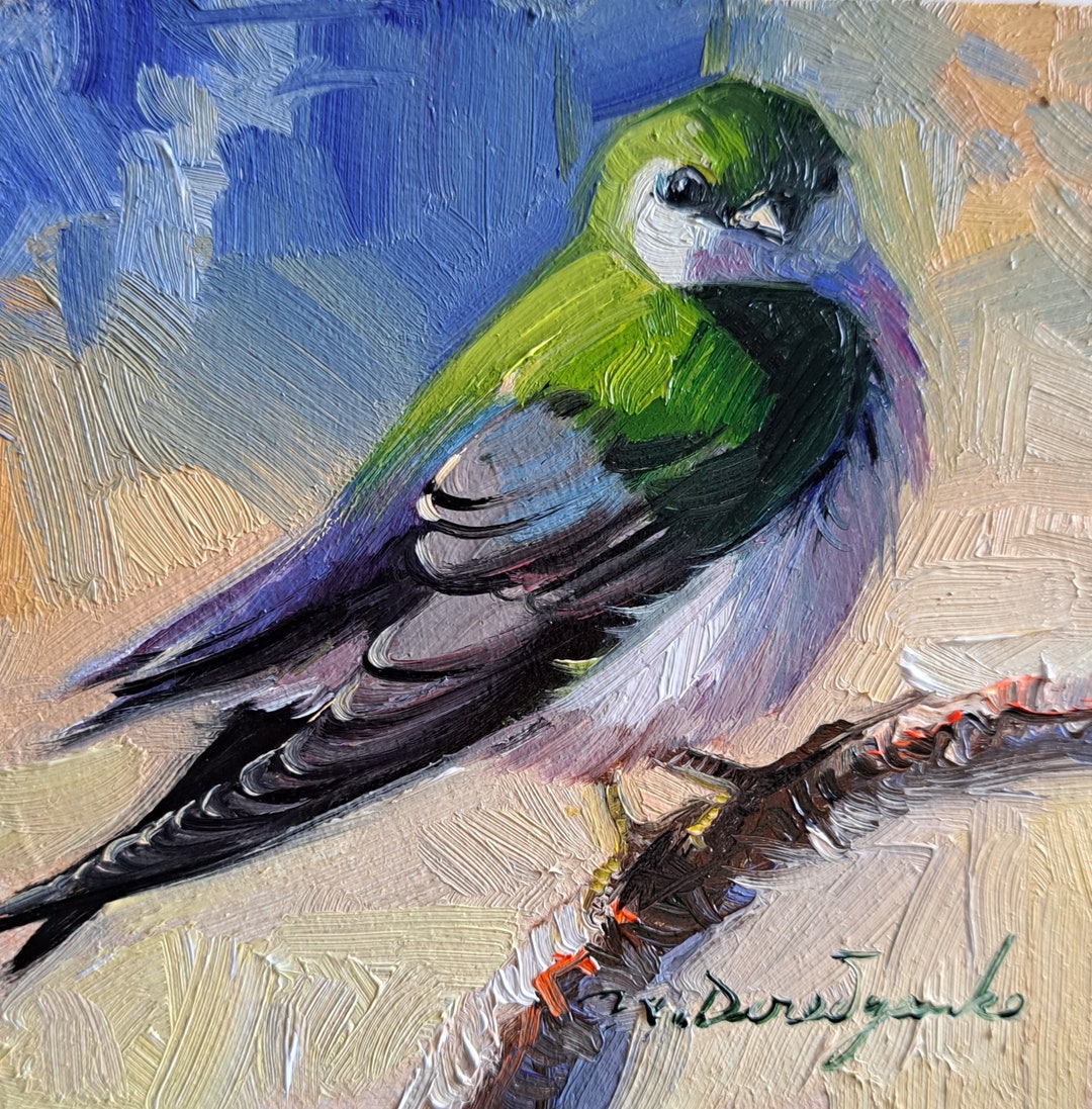 Bird Painting Original Small Oil Small Art Framed, Green Swallow Bird ...