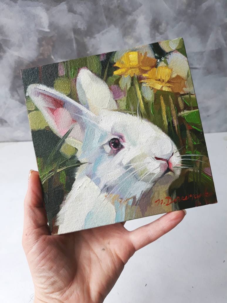 White Rabbit Bunny mini painting in frame 6x6 Rabbit wall art | Etsy