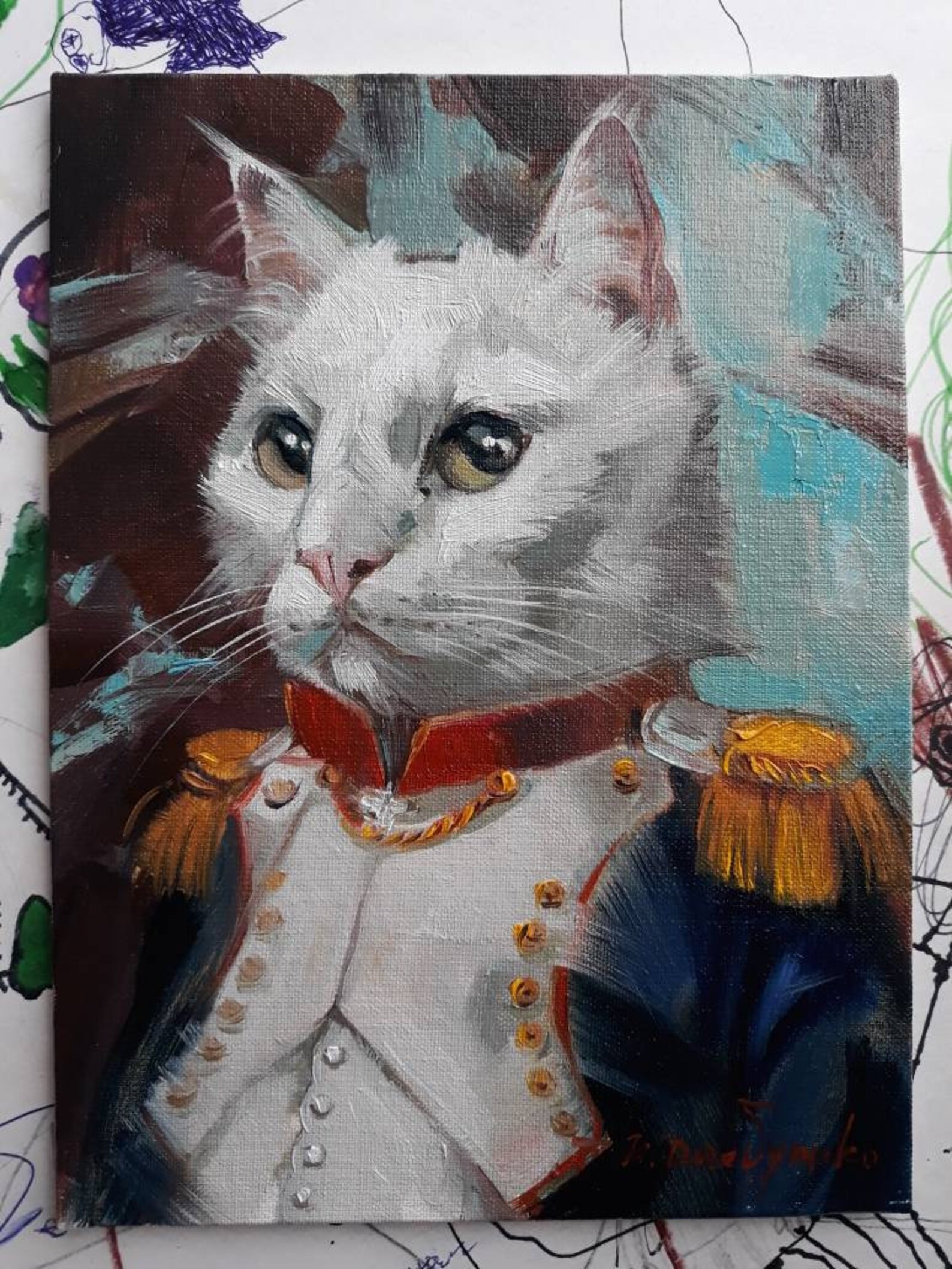 Military Cat Art Original Painting on Canvas, French Style Uniform ...