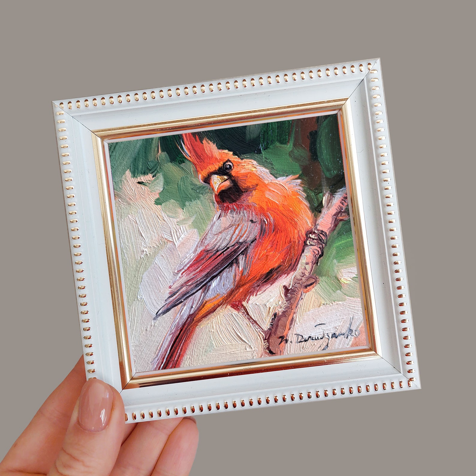 Red Bird Small Painting Frame 4x4 Cardinal Oil Painting Original, Bird ...