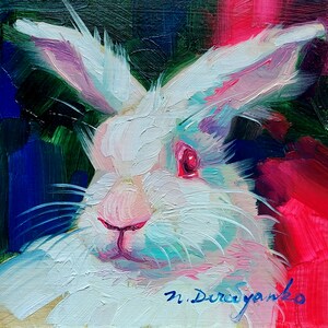 Cute White Rabbit Painting Original Oil Framed 4x4, Small Framed Art ...