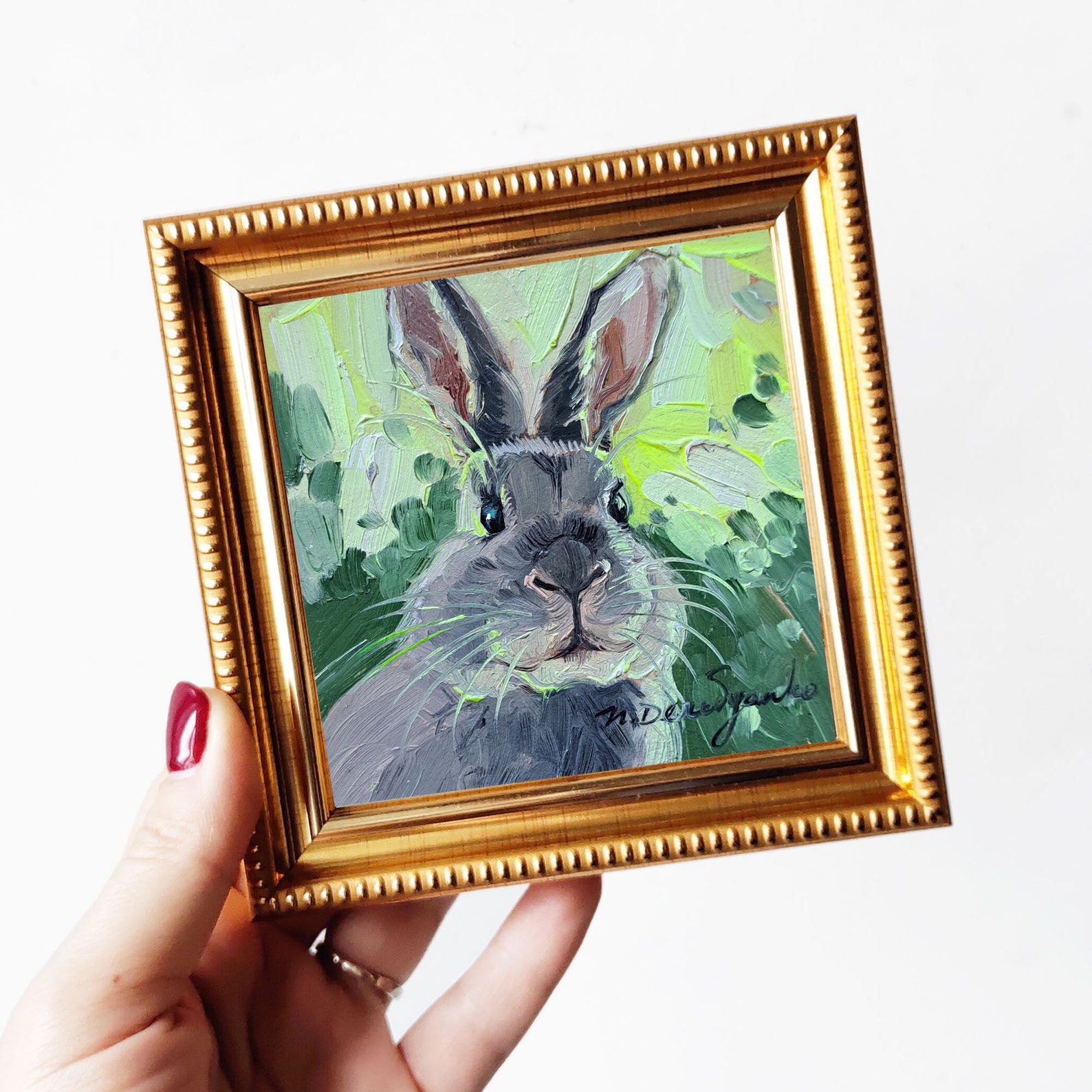 Cute Rabbit Painting Original Oil Framed 4x4, Small Framed Art Rabbit ...