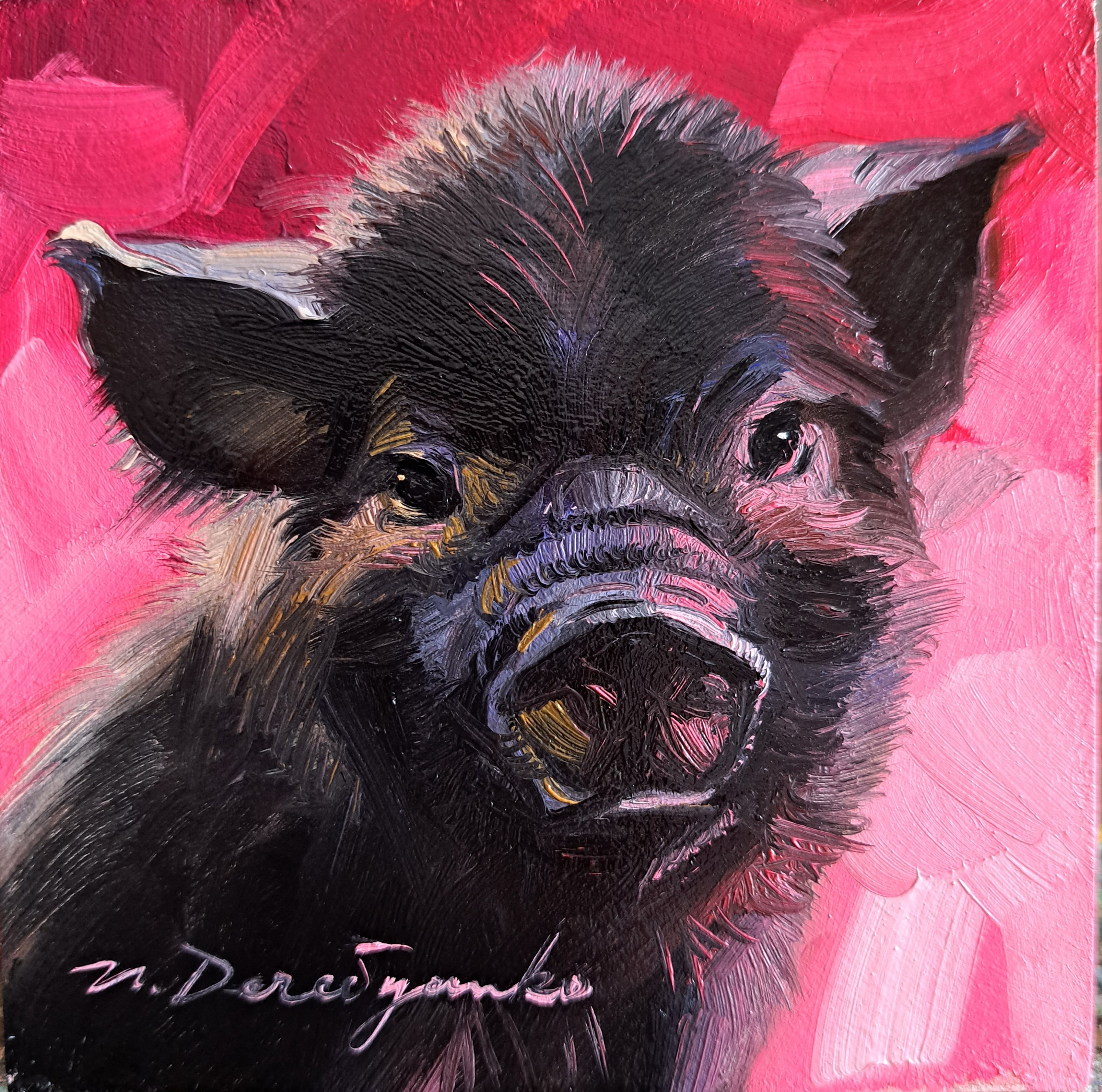 Pig Painting Original Framed 4x4, Small Oil Painting Hot Pink Pig ...