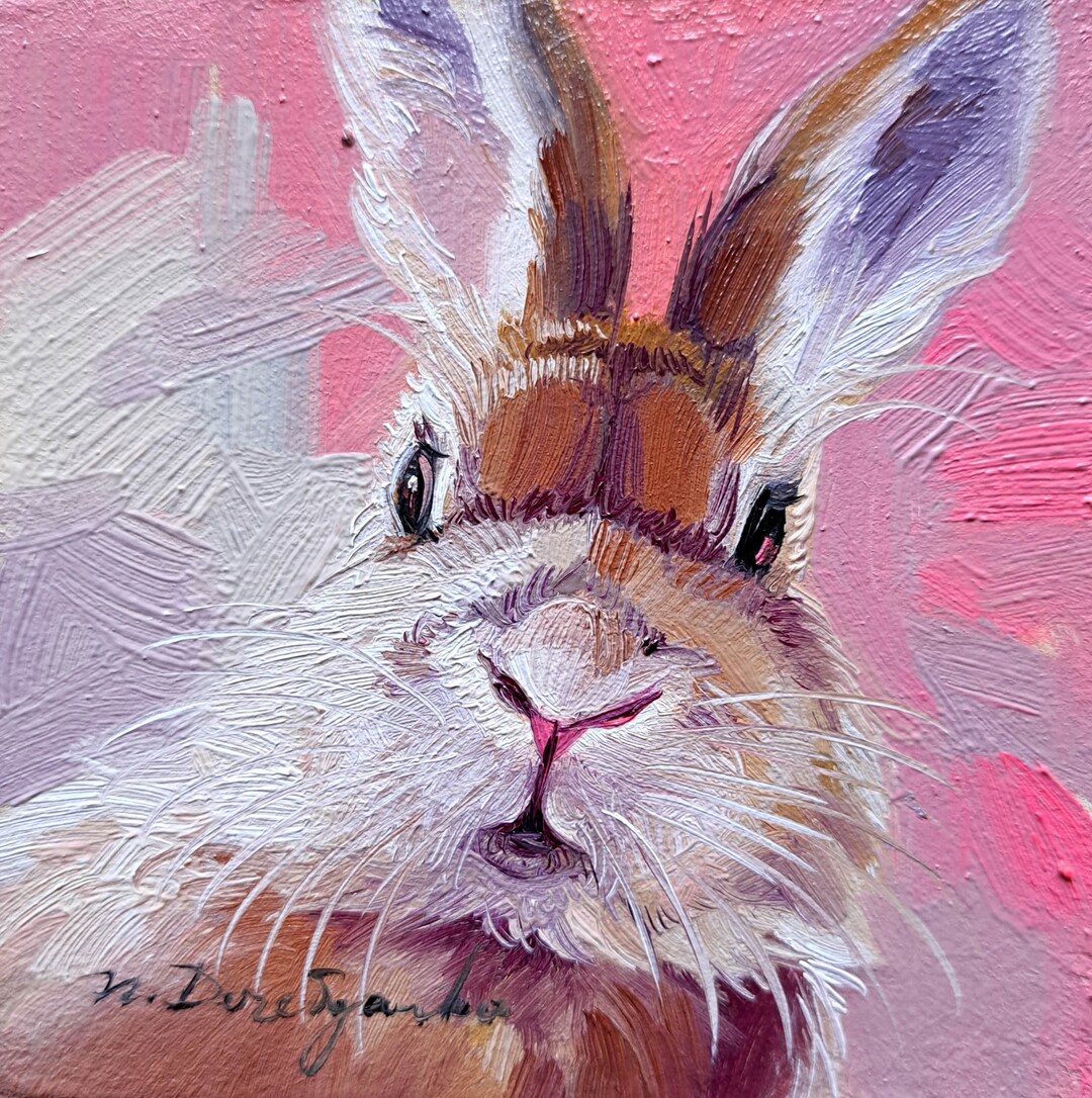 Rabbit Painting Original Oil Framed 4x4, Small Framed Art White Rabbit ...