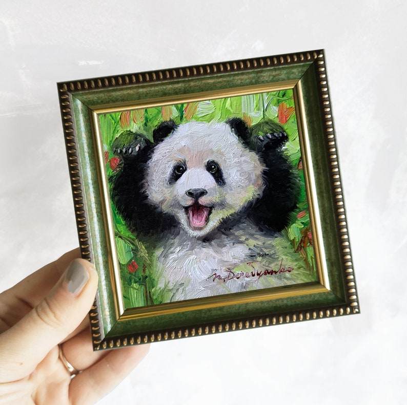 Panda Painting Oil Original 4x4 Inch Frame, Small Oil Painting Framed ...