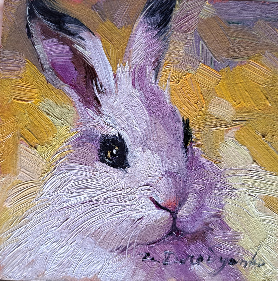 Cute Rabbit Painting Original Oil Framed 4x4, Small Framed Art White ...