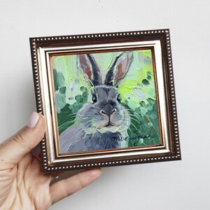 Cute Rabbit Painting Original Oil Framed 4x4, Small Framed Art Rabbit ...