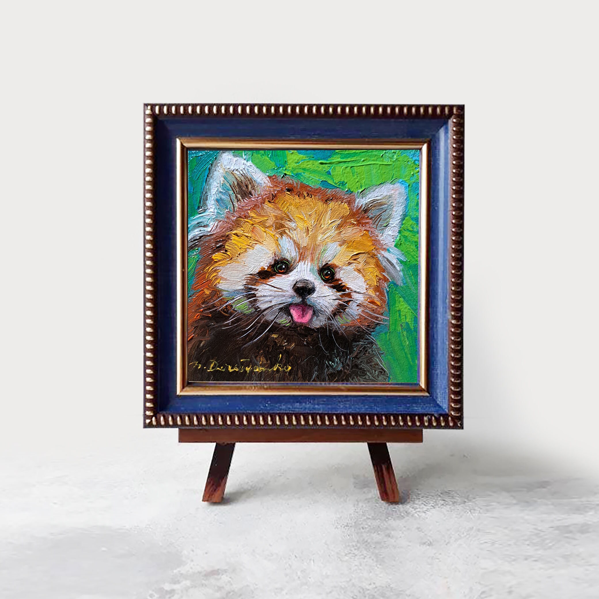 Red Panda Painting Oil Original 4x4 Inch Frame, Small Oil Painting ...