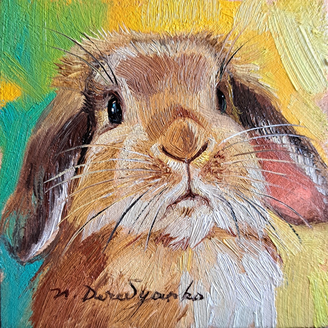 Cute Rabbit Painting Original Oil Framed 4x4, Small Framed Art Rabbit ...