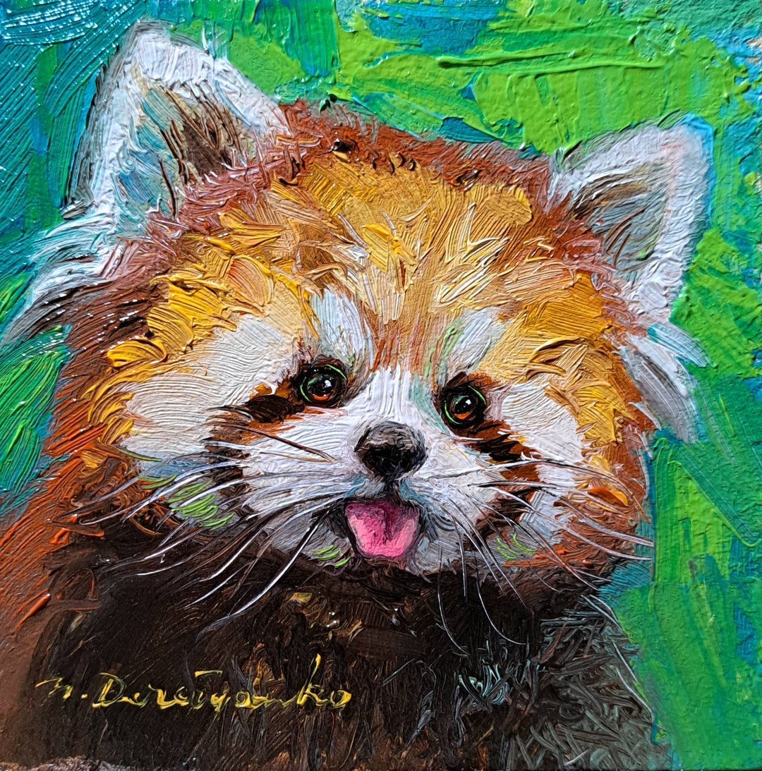 Red Panda Painting Oil Original 4x4 Inch Frame, Small Oil Painting ...