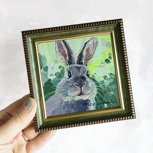 Cute Rabbit Painting Original Oil Framed 4x4, Small Framed Art Rabbit ...