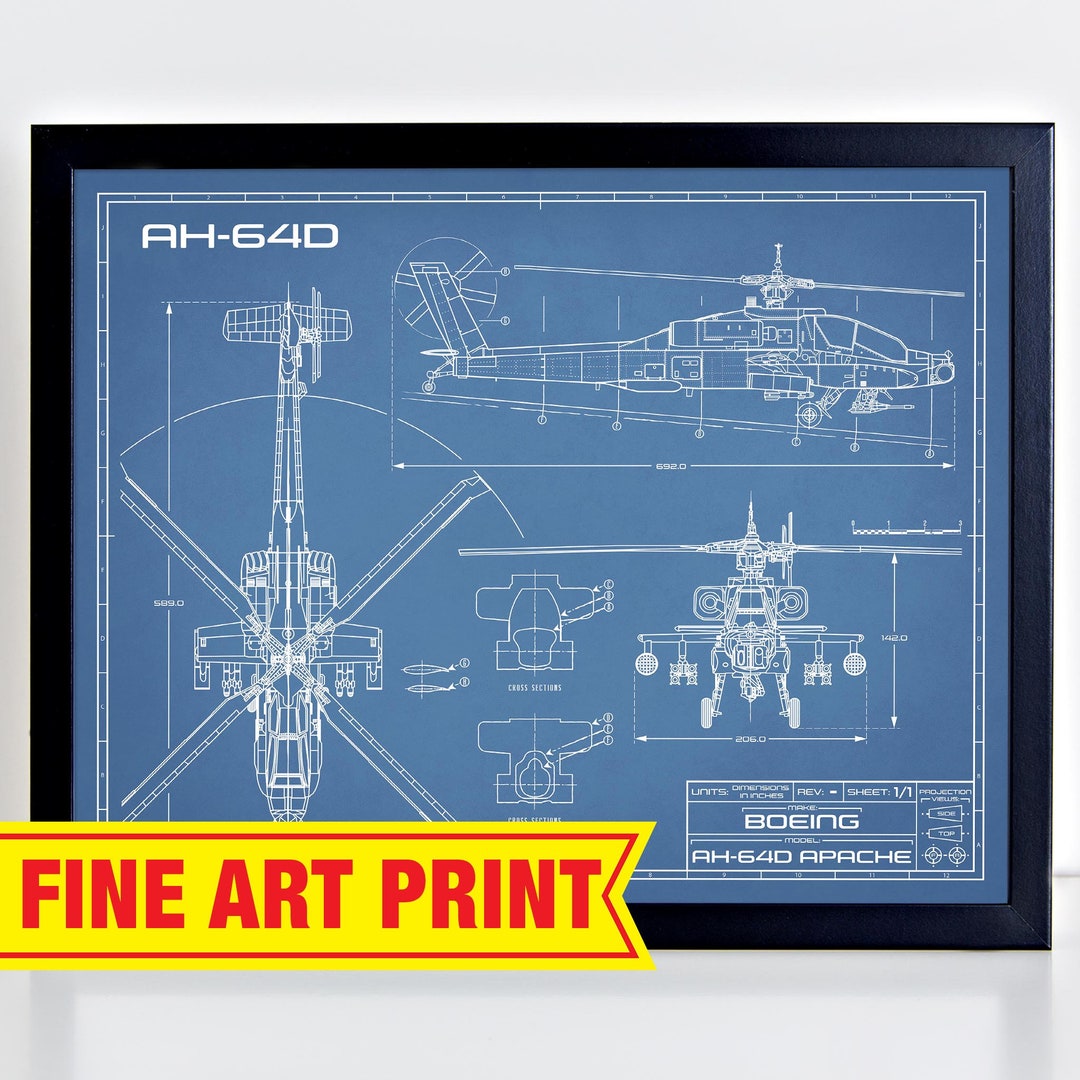 AH-64 Apache Military Helicopter Art Blueprint Poster - Etsy