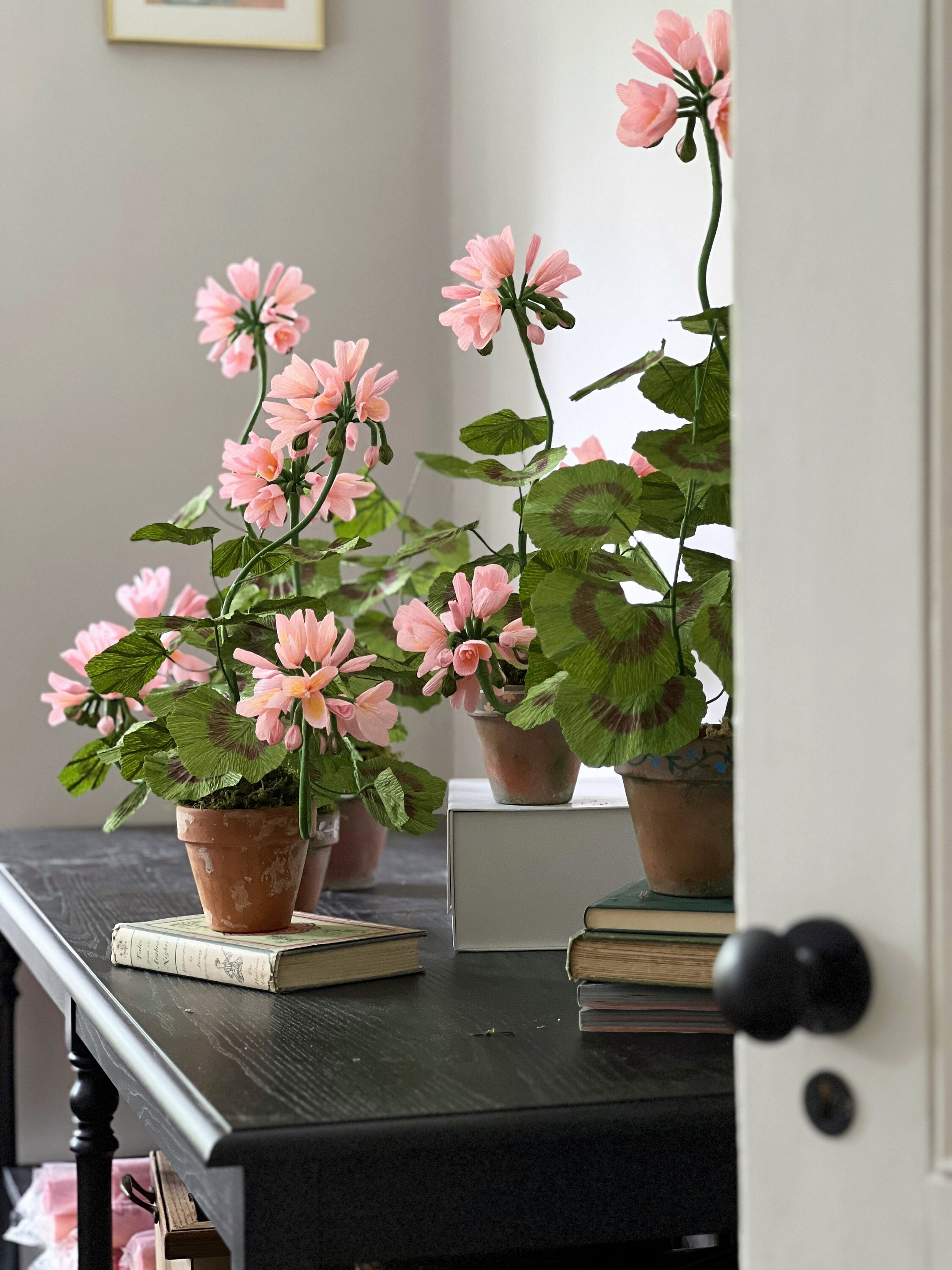 Crepe Paper Geranium in Terracotta Pot: Pink Paper Flower Arrangement ...