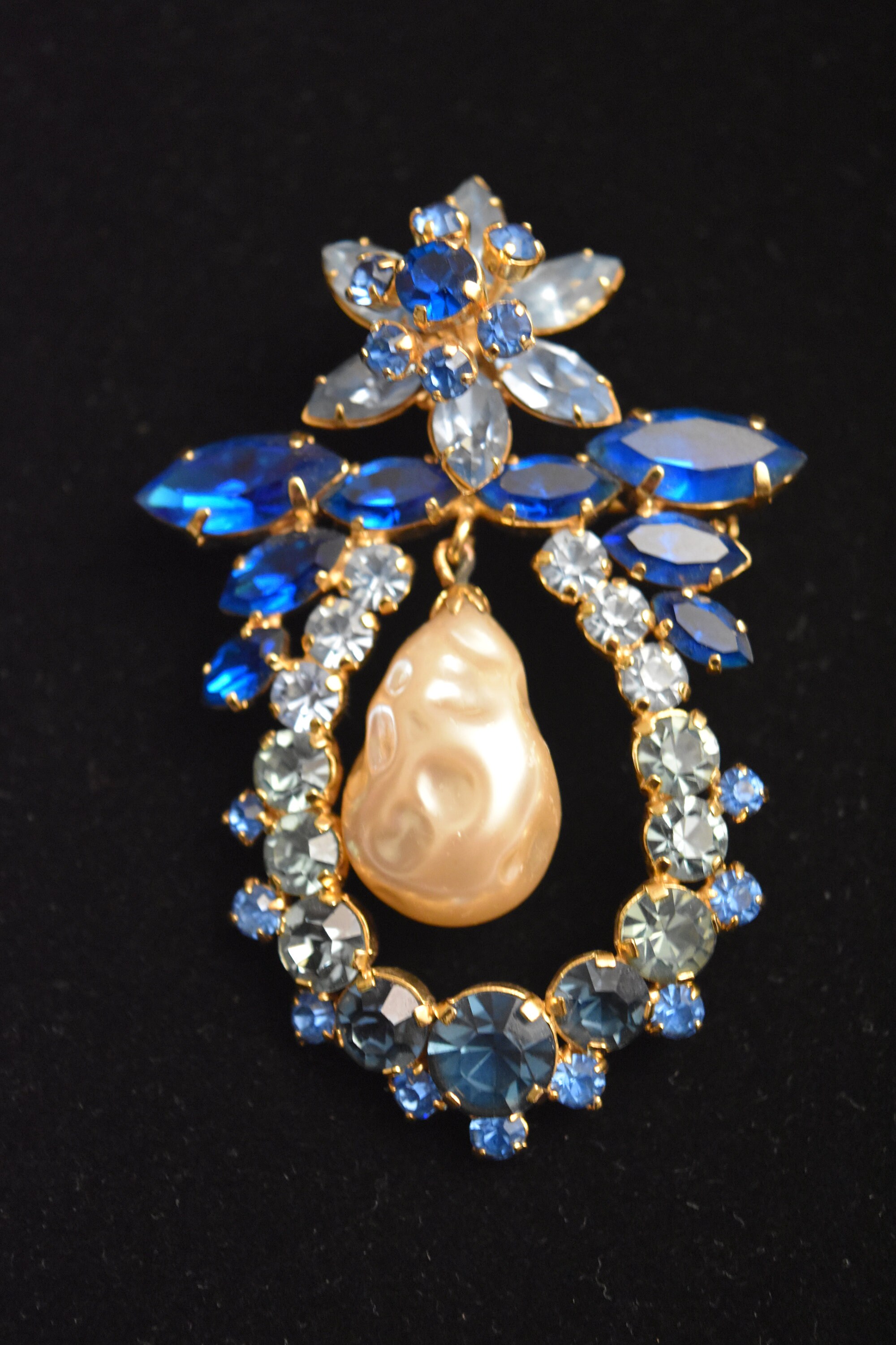 Austrian Brooch Blue Rhinestones and a Pearl | Etsy
