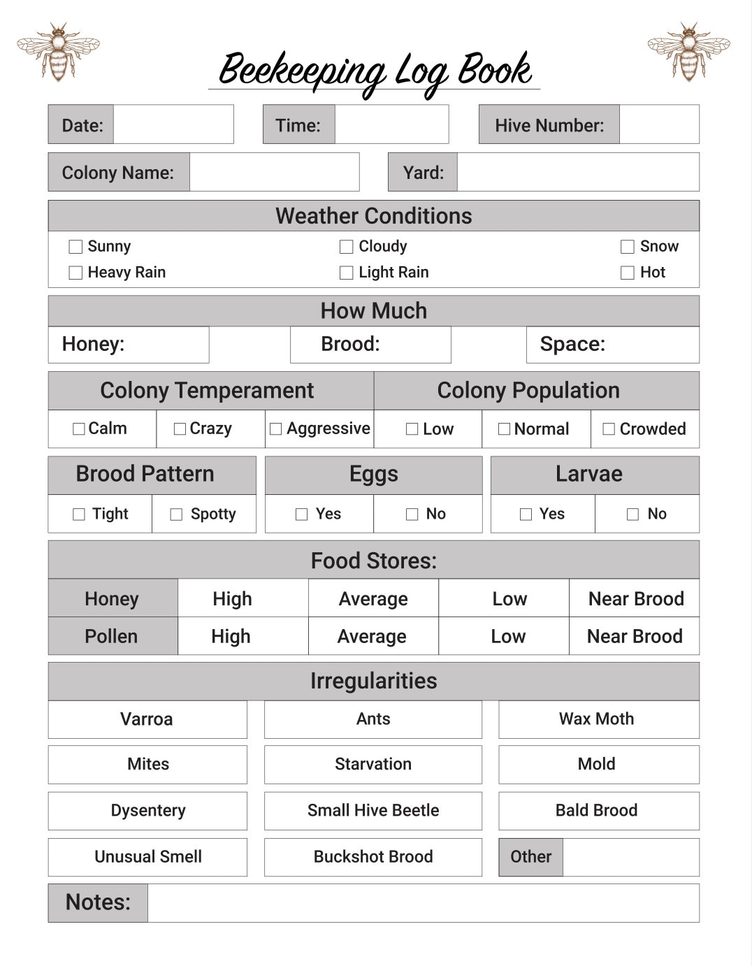 Bee Keeping Logbook, Journal, Log Book, Bees, Bee Keeping, Log. 8 1/2 X ...