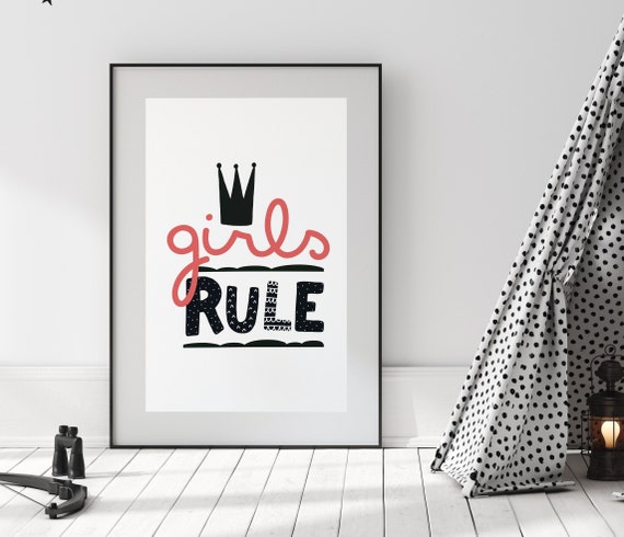 Girls Rule Crown Print Fun Typography Red Playroom print | Etsy