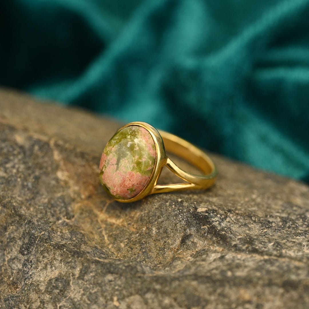 Natural Unakite Gemstone Ring| Oval Cabochon Unakite Ring in Gold ...