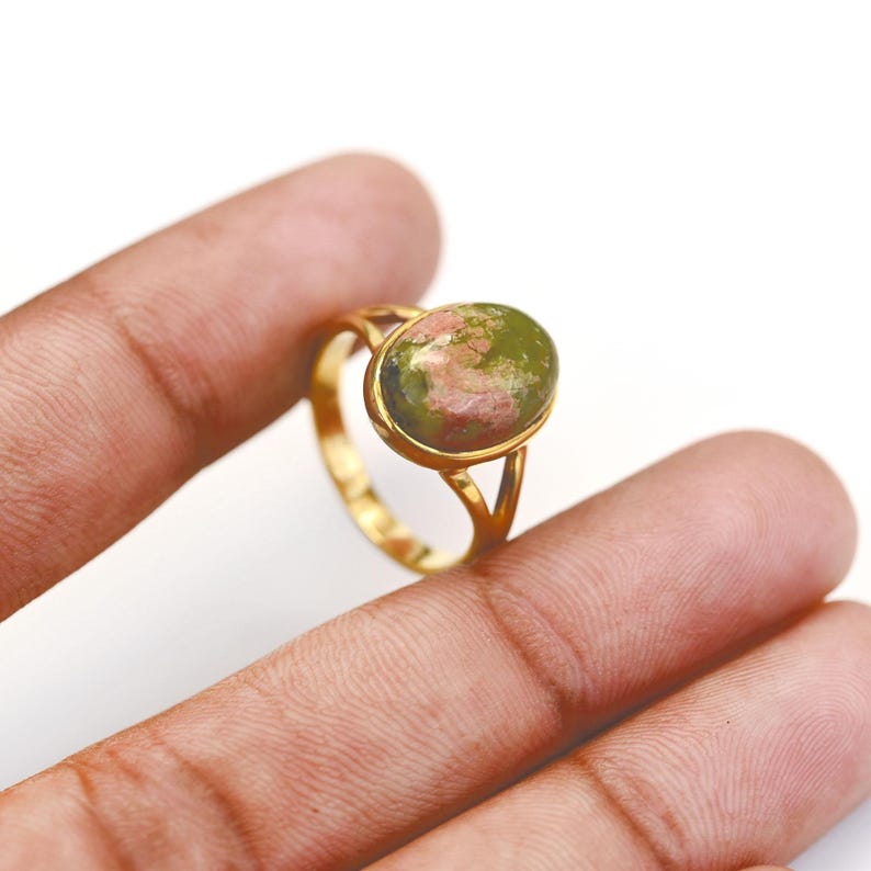 Natural Unakite Gemstone Ring| Oval Cabochon Unakite Ring in Gold ...