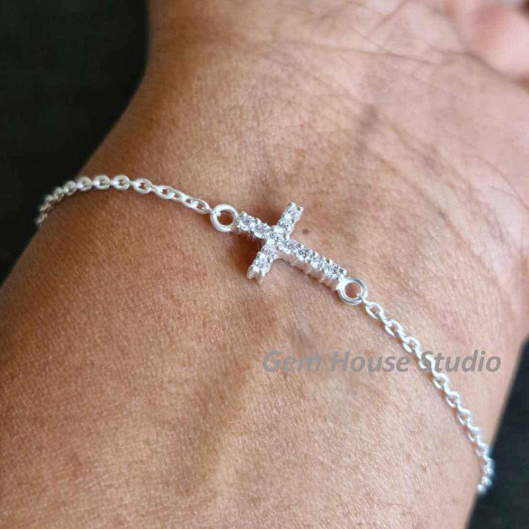 Sideways Cross Charm Bracelet, 925 Sterling Silver Bracelet, Pave ...