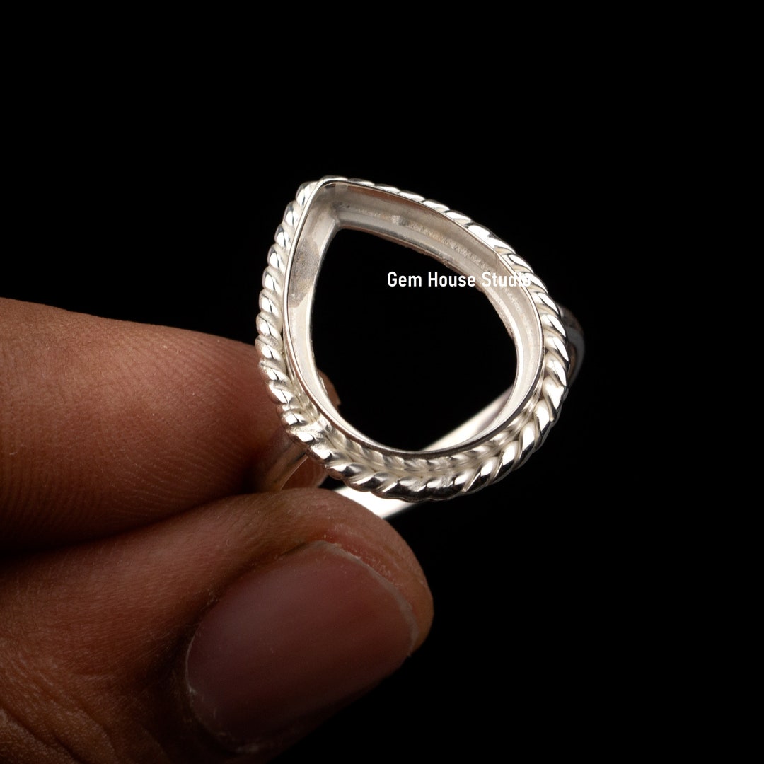 925 Sterling Silver Pear Blank Bezel Setting With Twisted Wire Ring ...