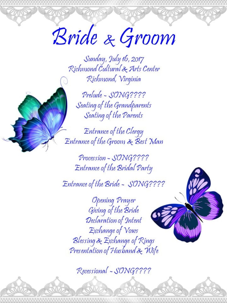 Butterfly Wedding Program - Blue and Silver - Custom Options Available ...