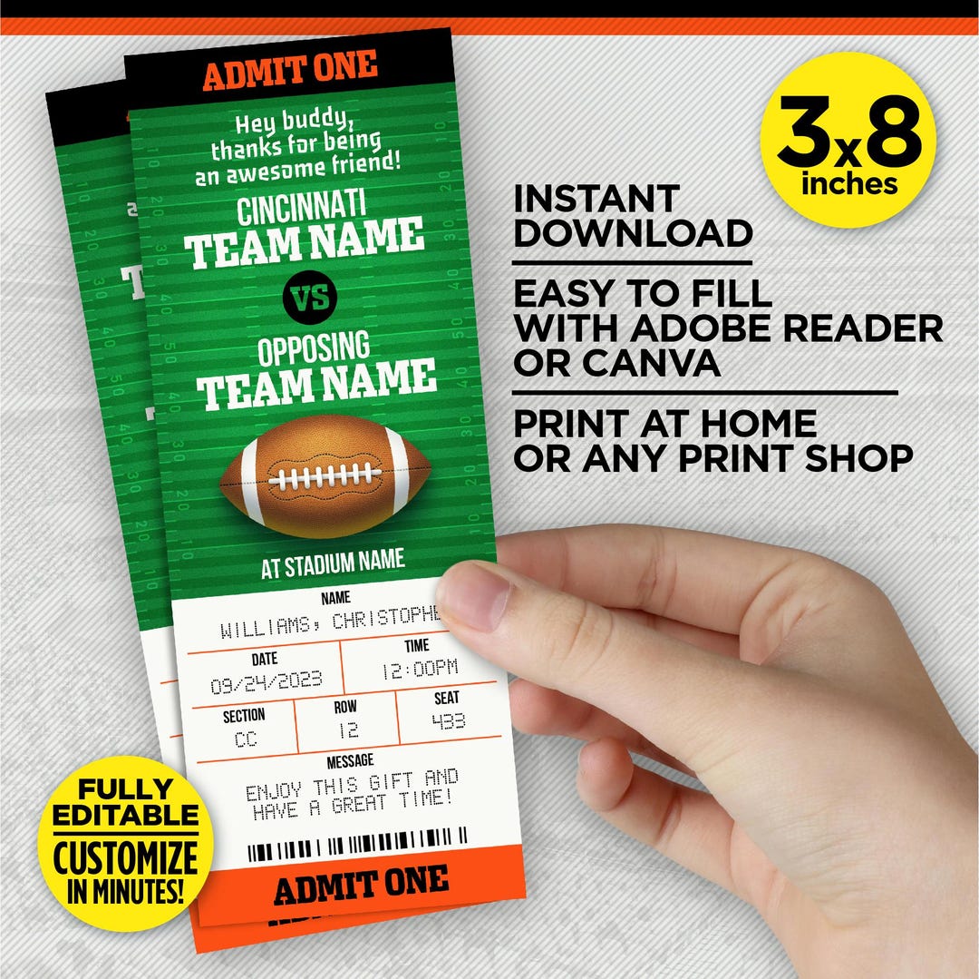 Cincinnati Colors Football Team Printable Surprise Game Ticket | Orange ...