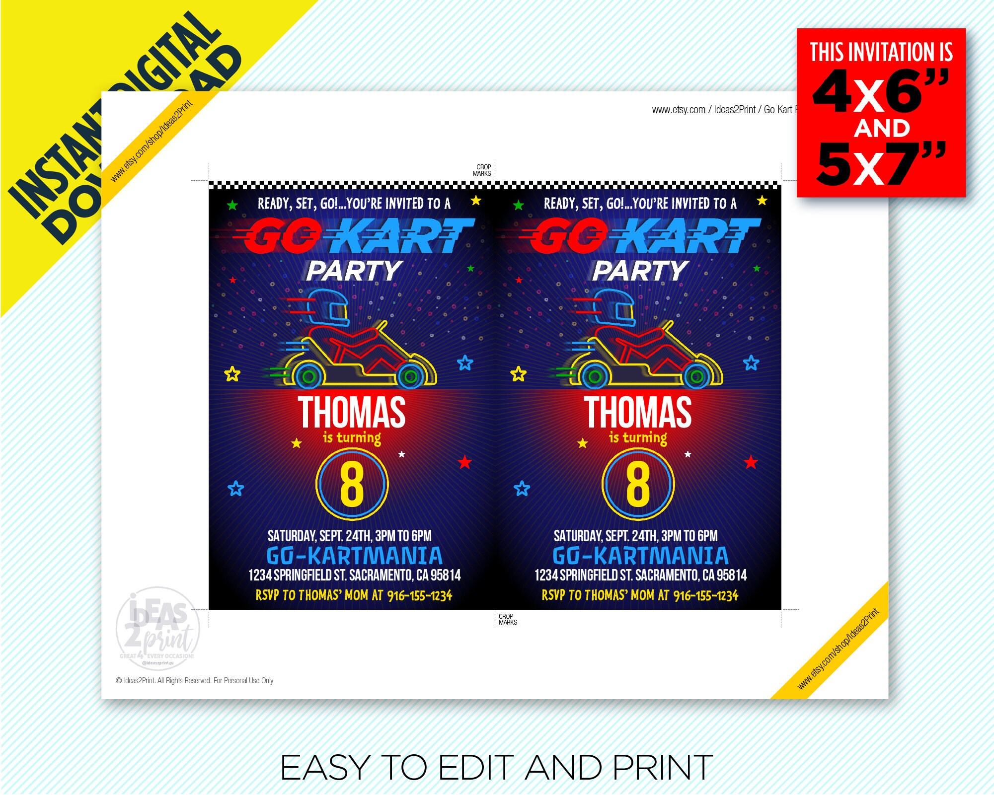 Go Kart Party Printable Invitation Boys and Girls Go-kart - Etsy