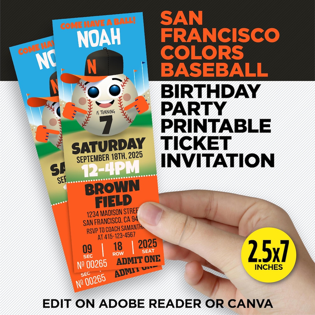 San Francisco Baseball Birthday Invitation Ticket | Printable Template ...