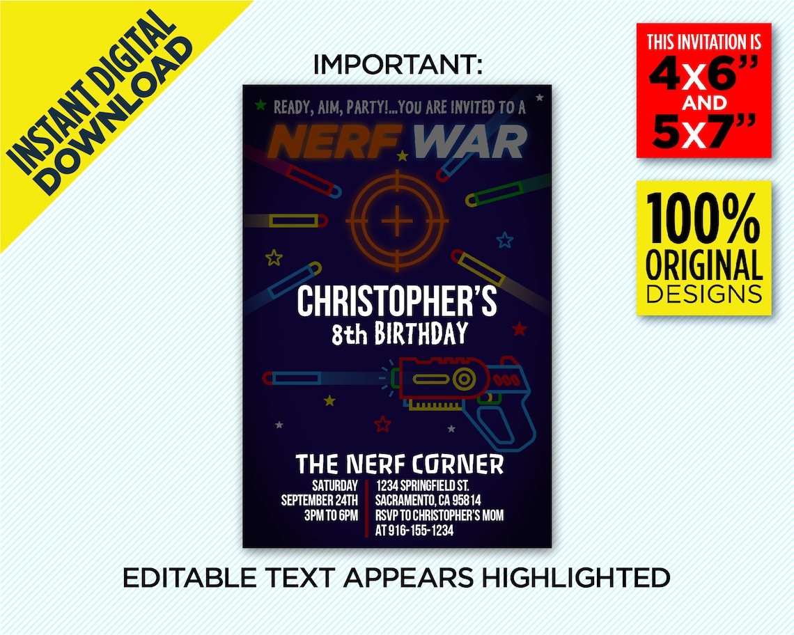 Nerf Party Printable Invitation Nerf War Birthday Party - Etsy