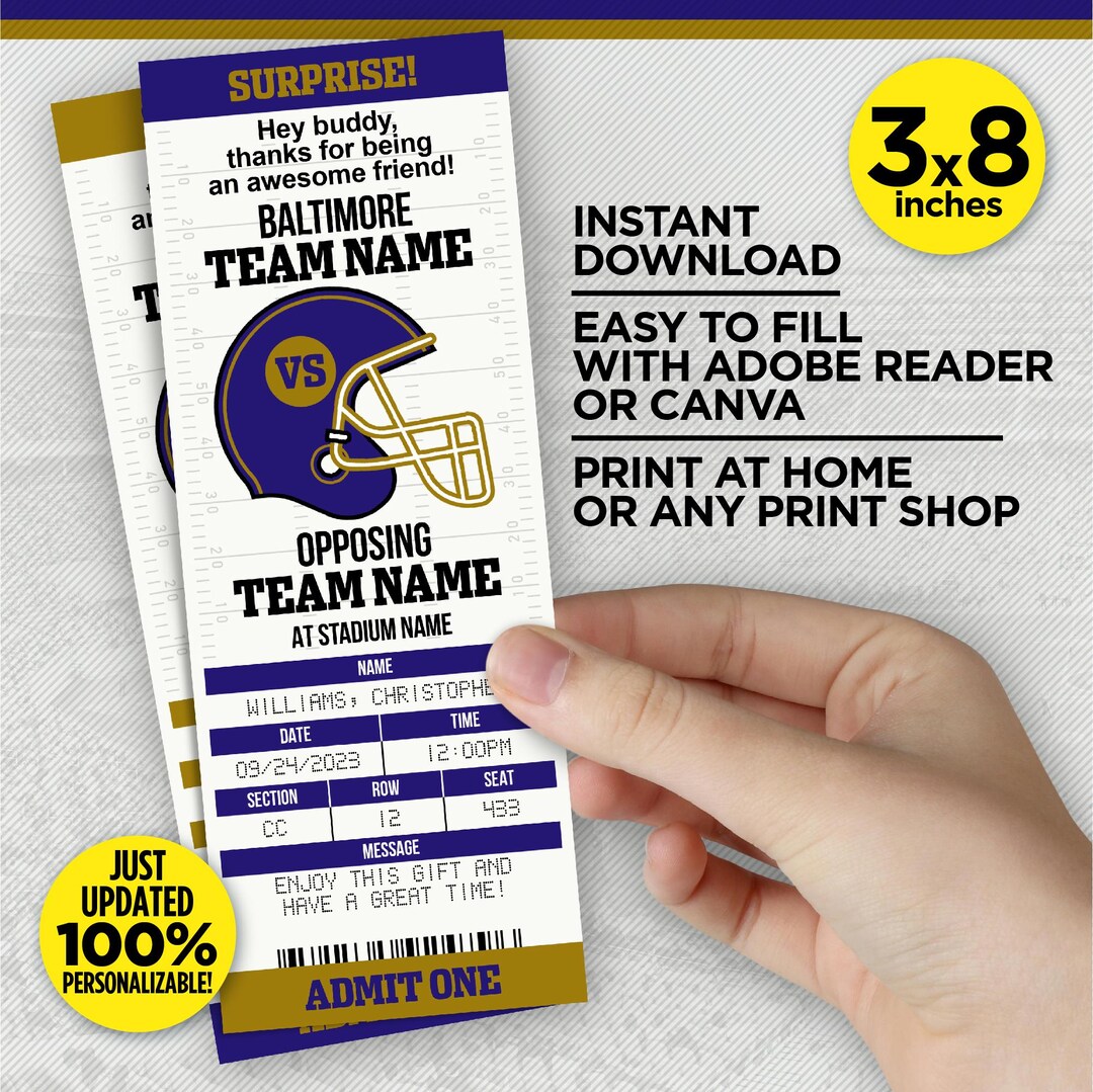 Baltimore Football Team Surprise Ticket | Purple & Gold | Editable ...