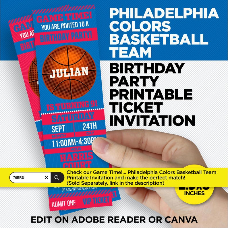 Philadelphia Basketball Team Colors Birthday Party Digital Invitation ...