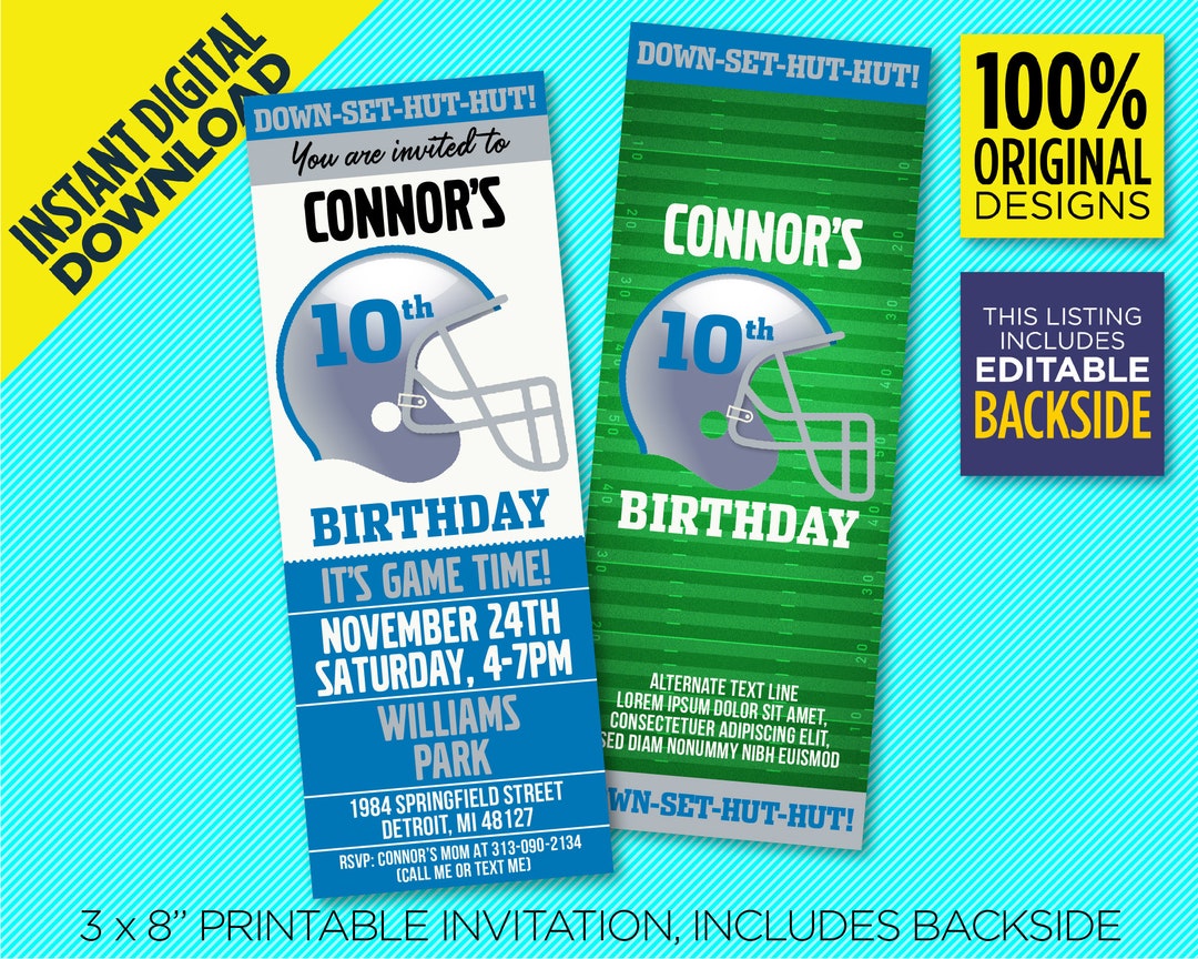 Detroit Football Team Birthday Party Printable Invitation Includes ...