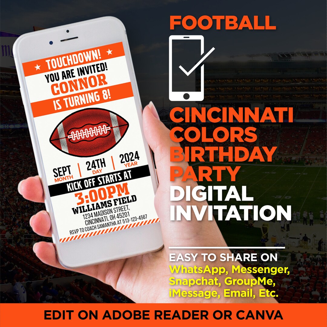Cincinnati Colors Football Team Birthday Party Digital Invite | Orange ...