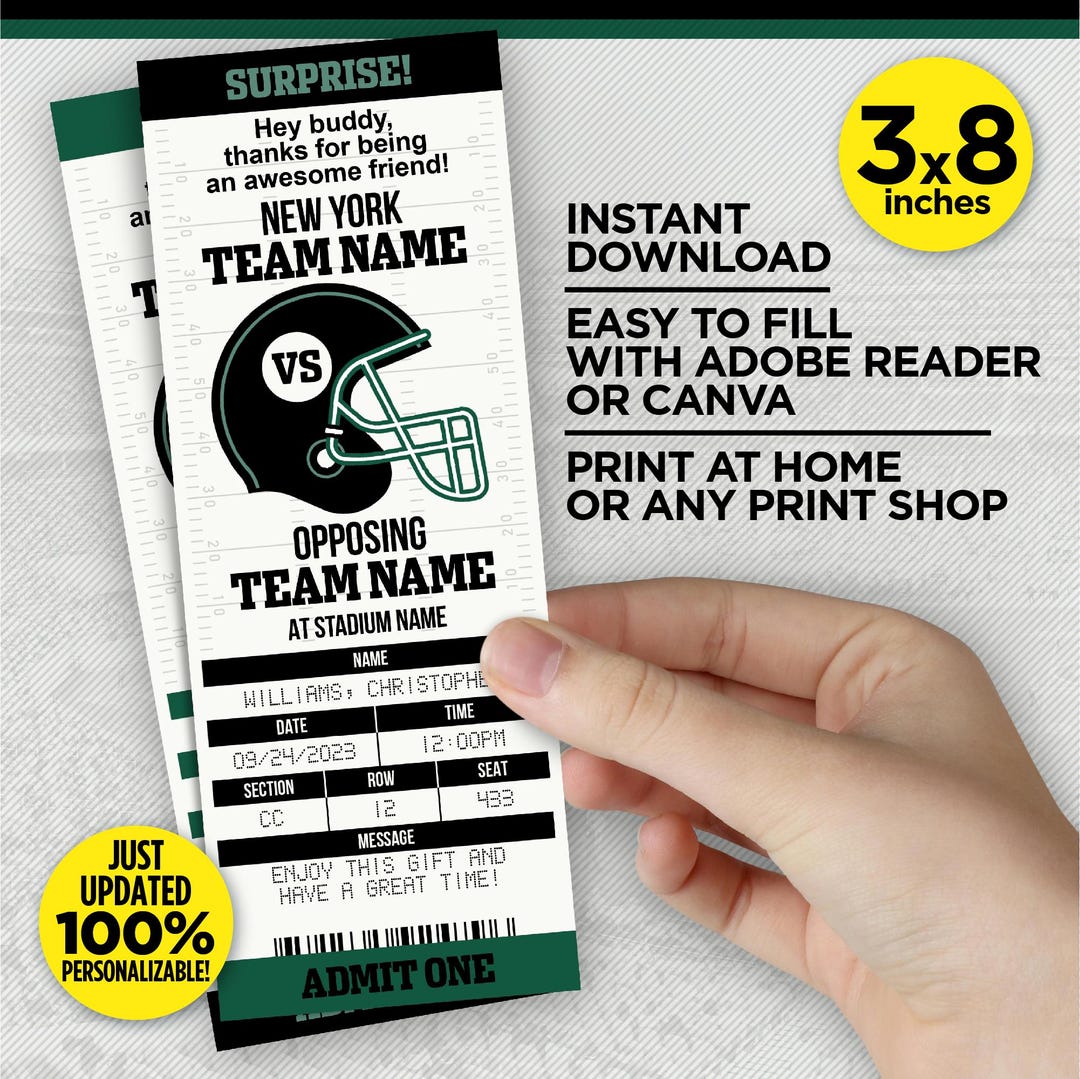 New York Colors Football Team Printable Surprise Game Ticket | Green ...