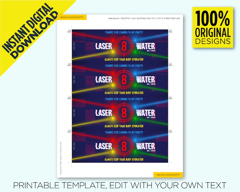 Laser Tag Birthday Water Bottle Label | Editable | Digital Download ...