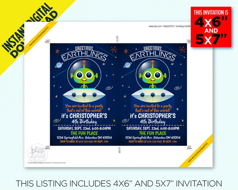 Space Alien Birthday Party Printable Invitation Greetings - Etsy