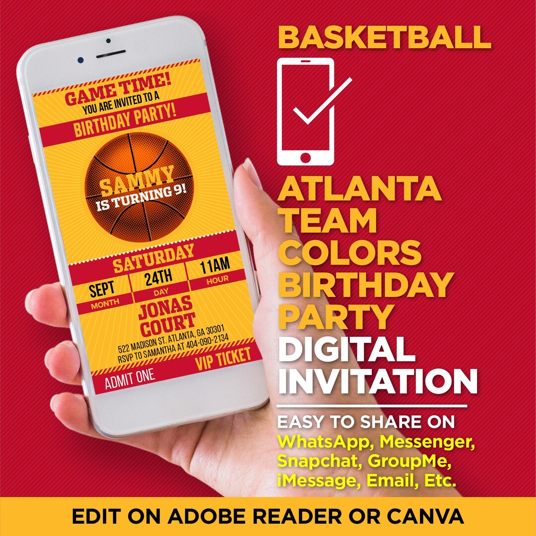 Atlanta Basketball Team Colors Birthday Party Digital Ticket Invitation ...