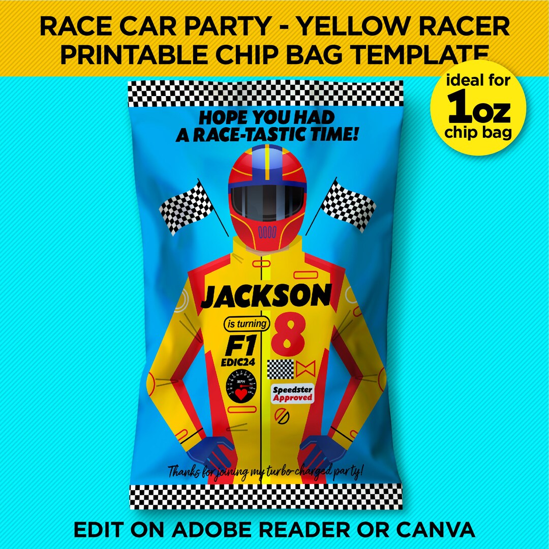 F1 Yellow Racer Printable Chip Bag, Ideal for 1oz Chip Bag or Party ...