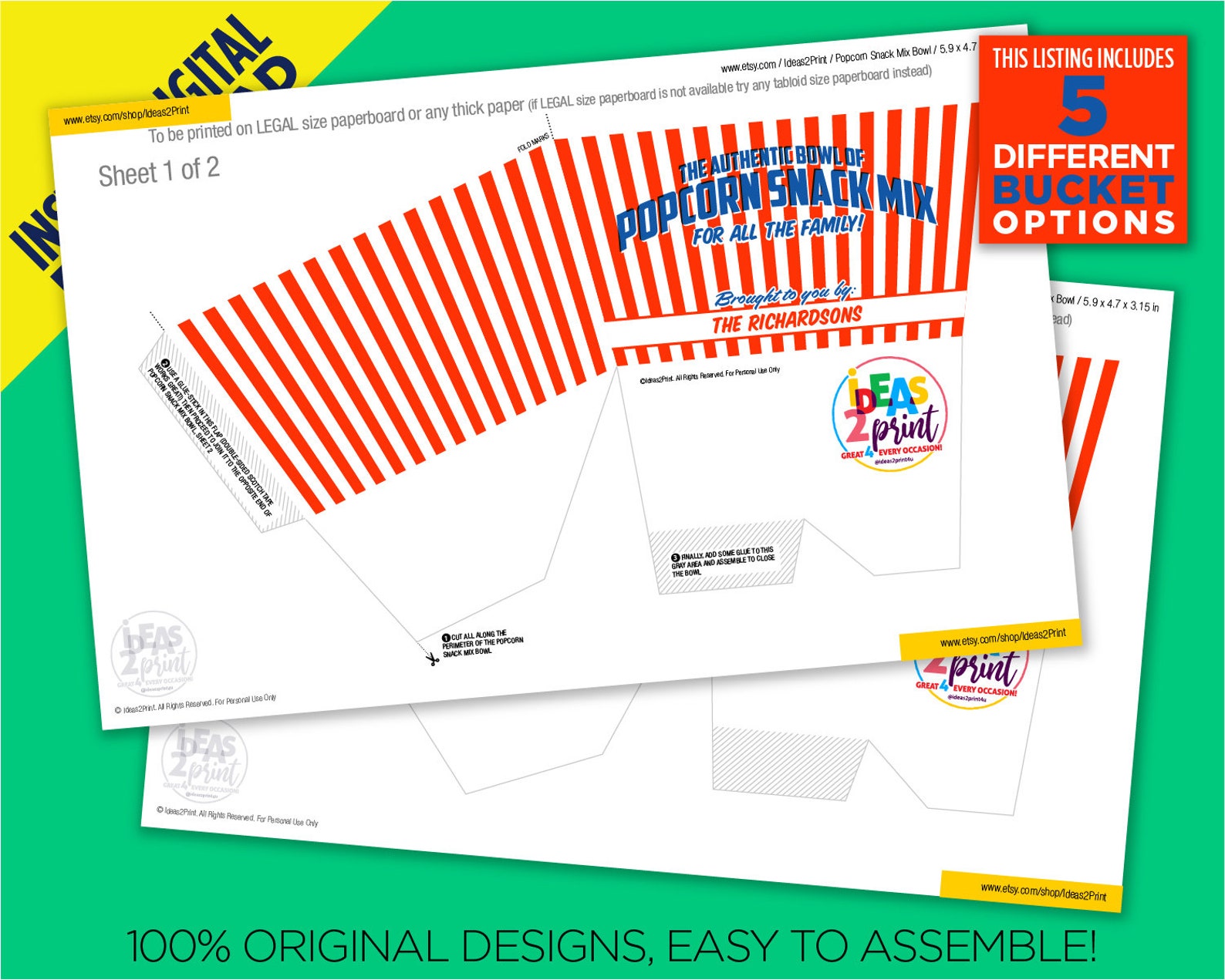 DIY Vintage Popcorn Bucket Printable 4 Different Sizes Instant Digital ...