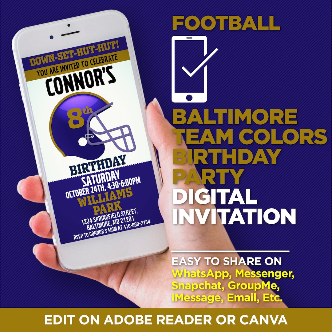 Baltimore Football Team Colors Birthday Party Digital Invitation - EDIT ...