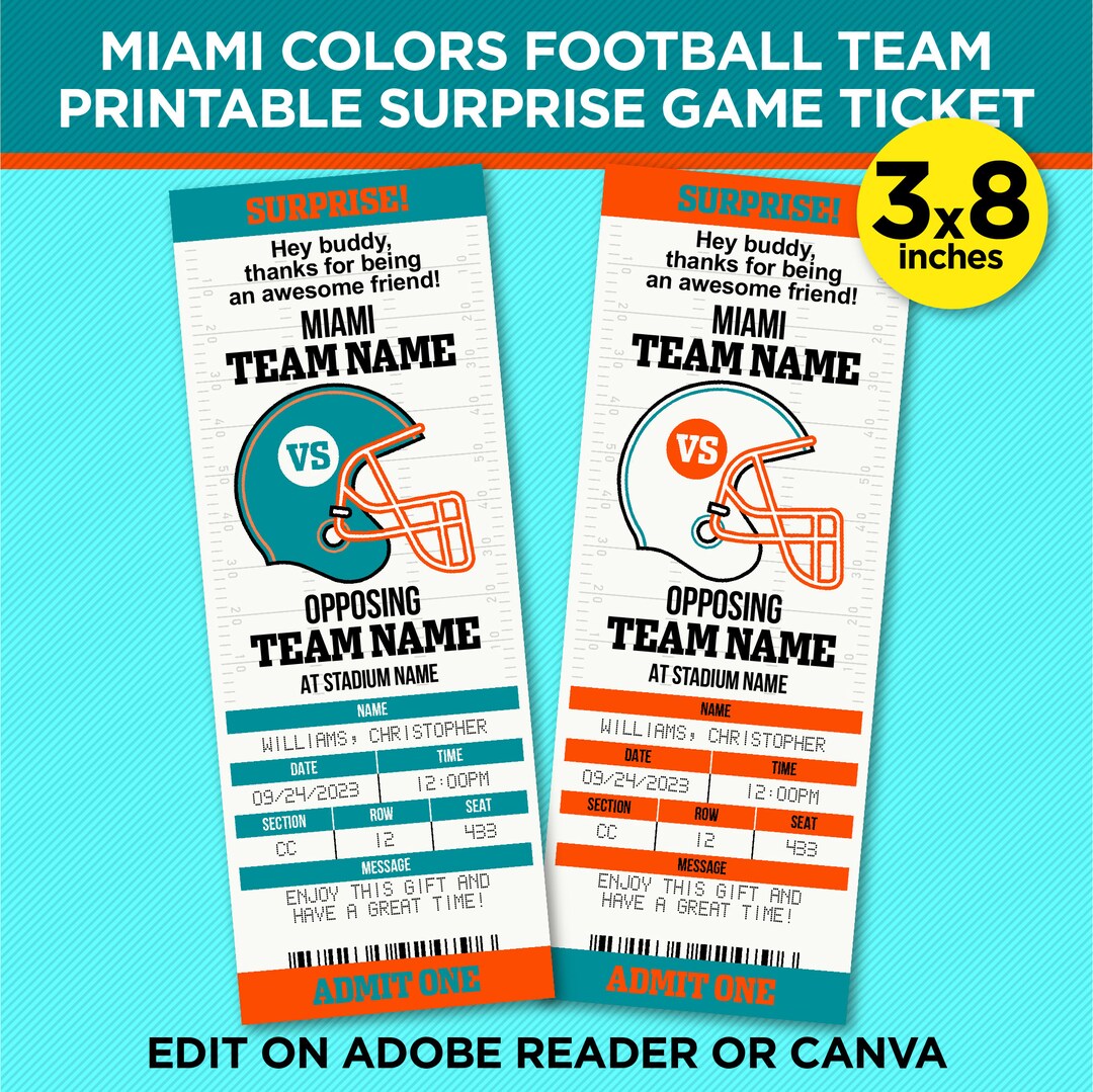 Miami Colors Football Team Printable Surprise Game Ticket - Aqua ...