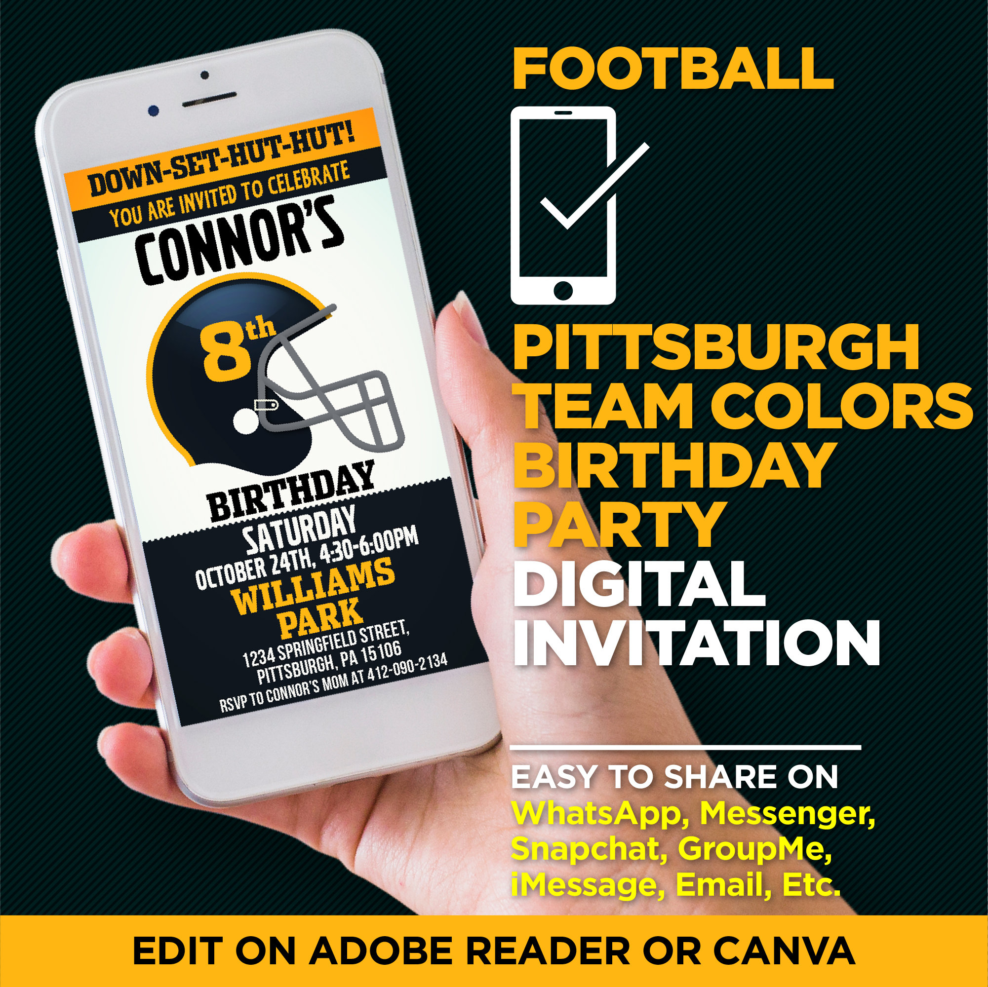 Pittsburgh Football Team Colors Birthday Party Digital Invitation EDIT ...