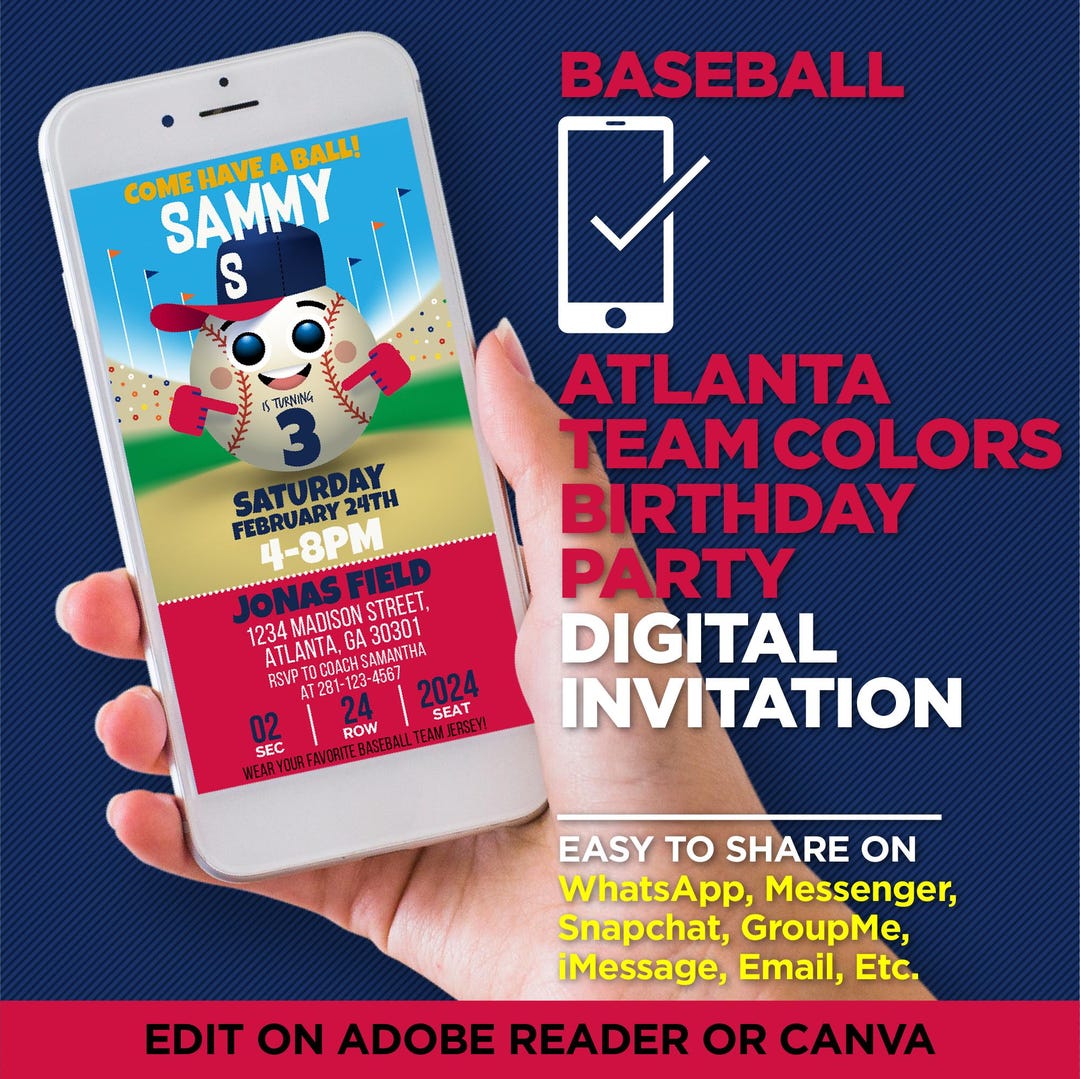 Atlanta Baseball Team Colors Birthday Party Digital Invitation - Red ...