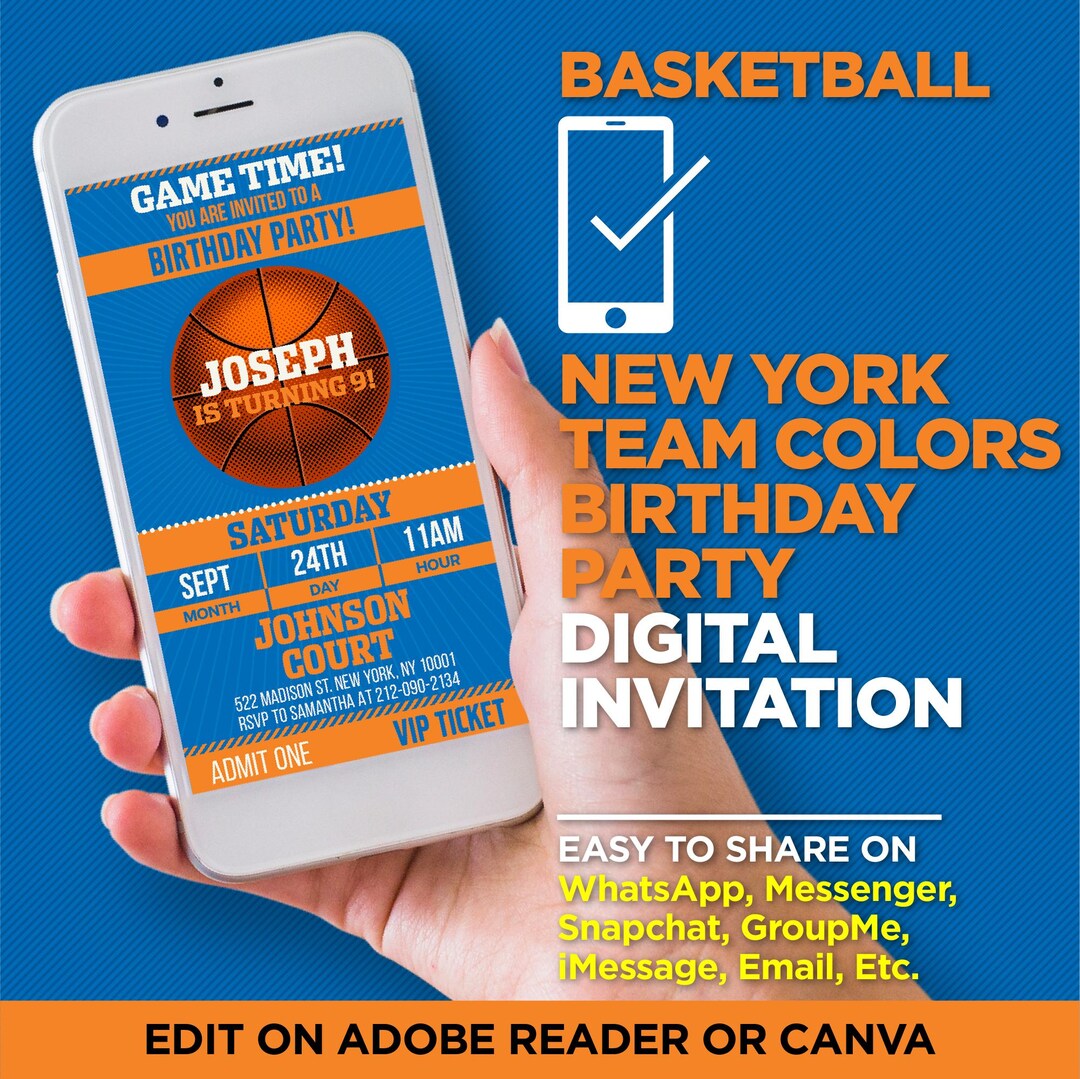 New York Basketball Team Birthday Party Digital Invitation - Blue ...