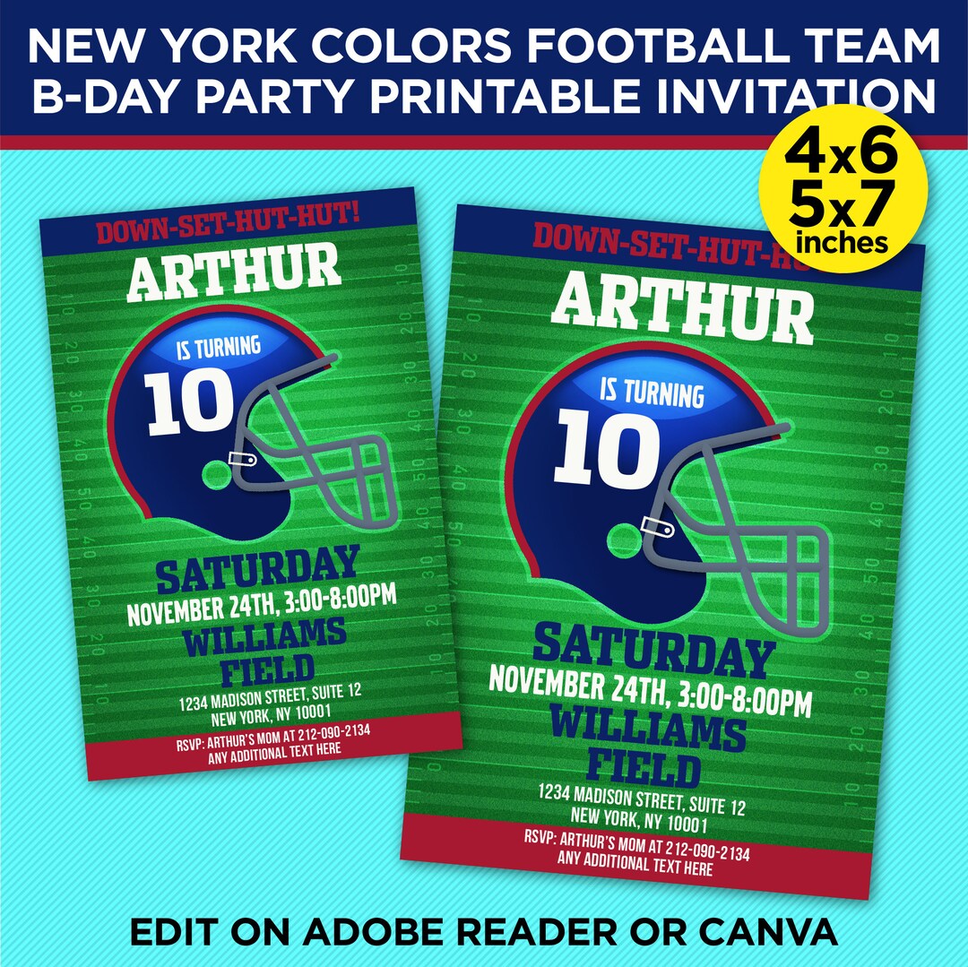 New York Colors Football Team Birthday Party Printable Invitation ...