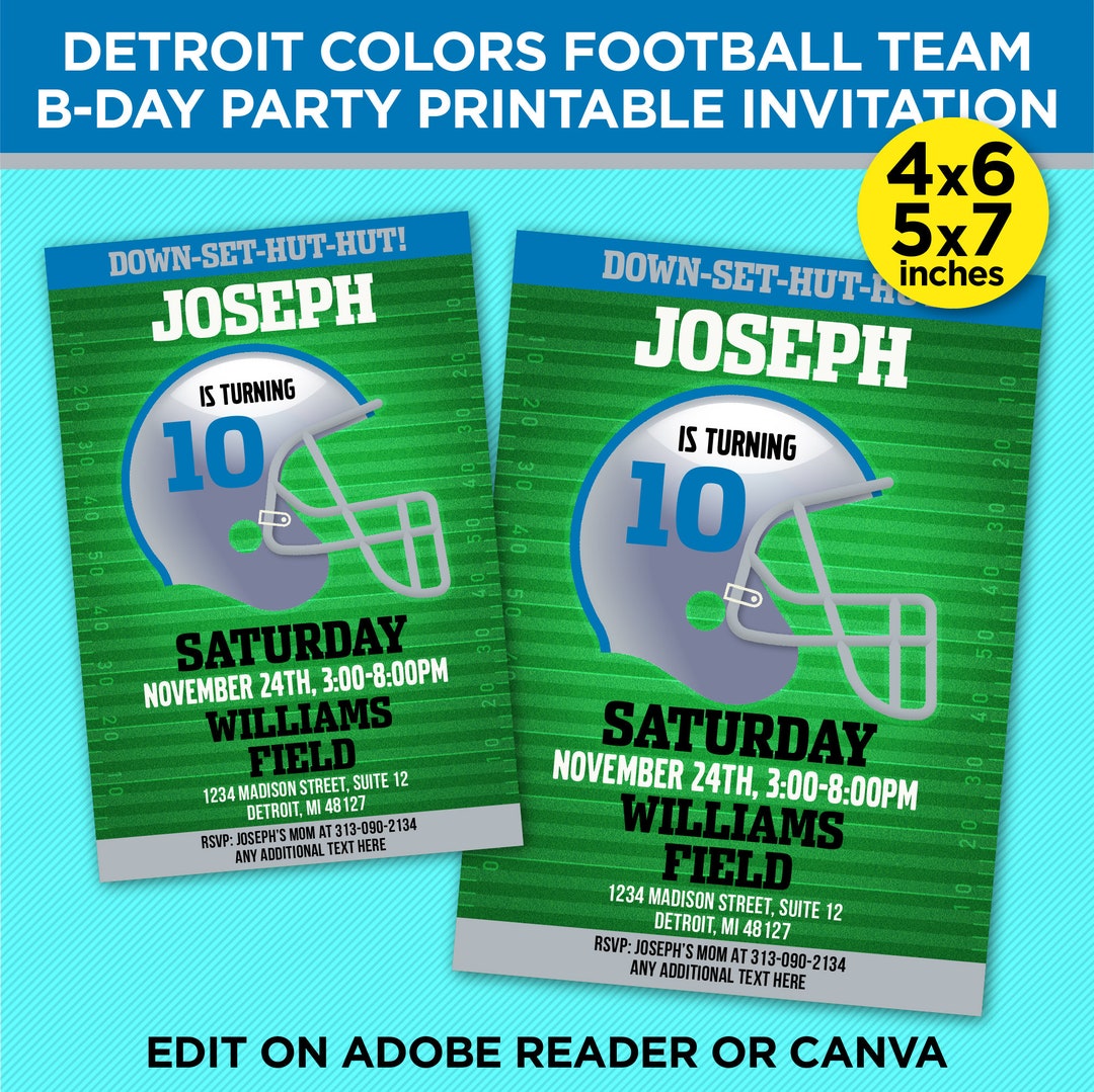 Detroit Football Birthday Invitation | Blue & Silver | Editable in ...